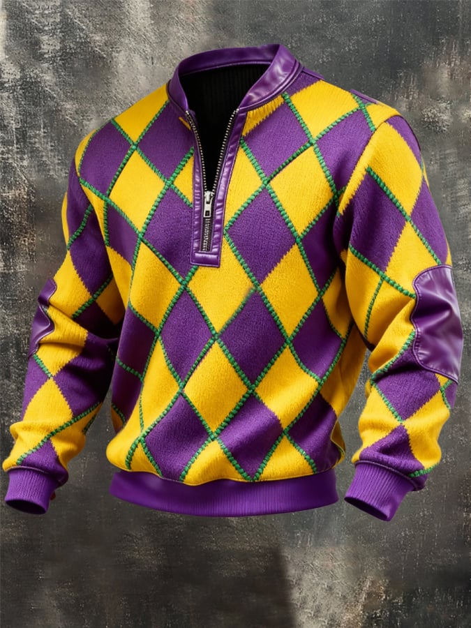 Men'S Casual Retro Contrast Color Half Zip Stand Collar Long Sleeve ...